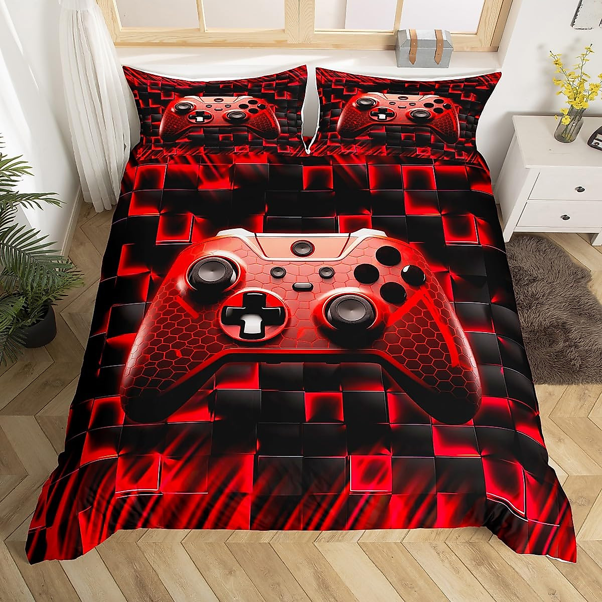 Geometric Gamepad Kids Duvet Cover Set Queen Size,Honeycomb Squares Grids Ombre Gamers Bedding Set,Boys Men Room Decor,Gaming Videogame Controller Comforter Cover,Red Quilt Cover,2 Pillowcases