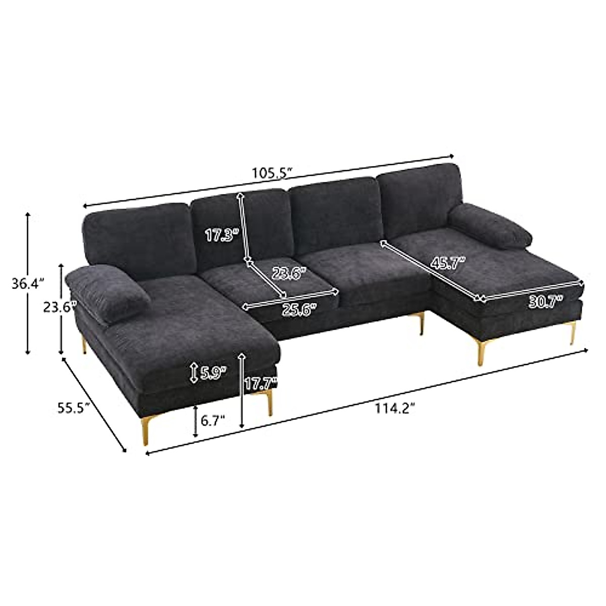 POULEII Sectional Sofa,Modern U-Shape Modular Sectional Sofa Sleeper Couch with Chenille Fabric and Gold-Plated Feet for Living Room, Apartment, Office,Black