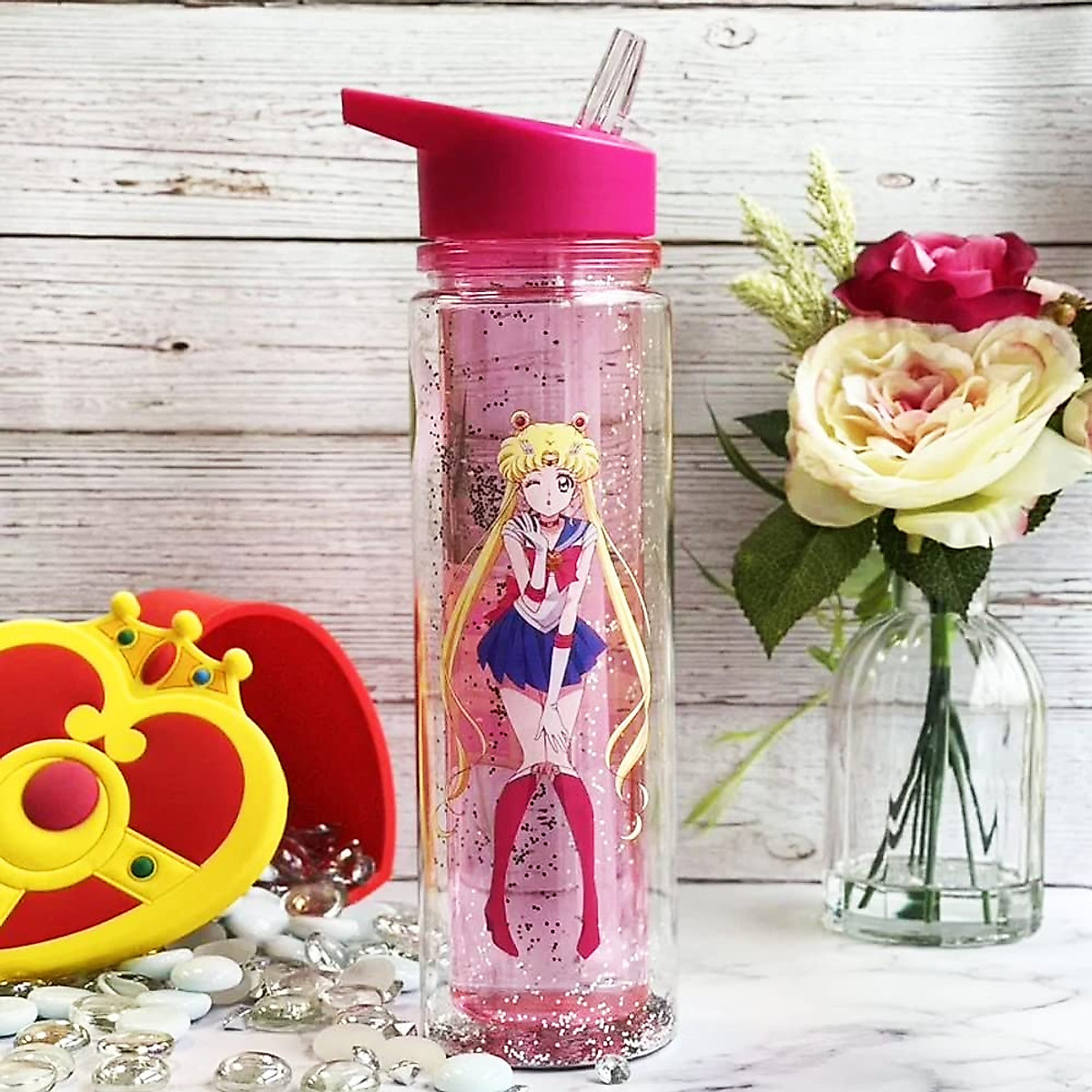 JUST FUNKY Sailor Moon Crystal Double-Walled Water Bottle | 18 oz Plastic Travel Beverage Container | Includes Glitter Wall | Home Deco | Anime Water Bottle | Officially Licensed