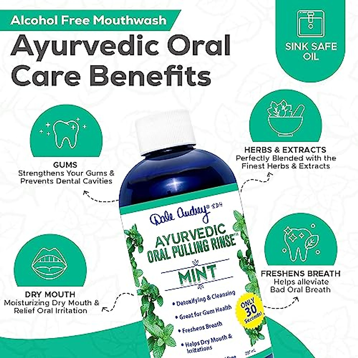 Dale Audrey Ayurvedic Organic Oil Pulling for Teeth and Gums | Refreshing Mint Flavored Oral Rinse Mouthwash | Essential Oils for Bad Breath | Whitening Teeth & Fresh Breath | (3 Pack,8oz)