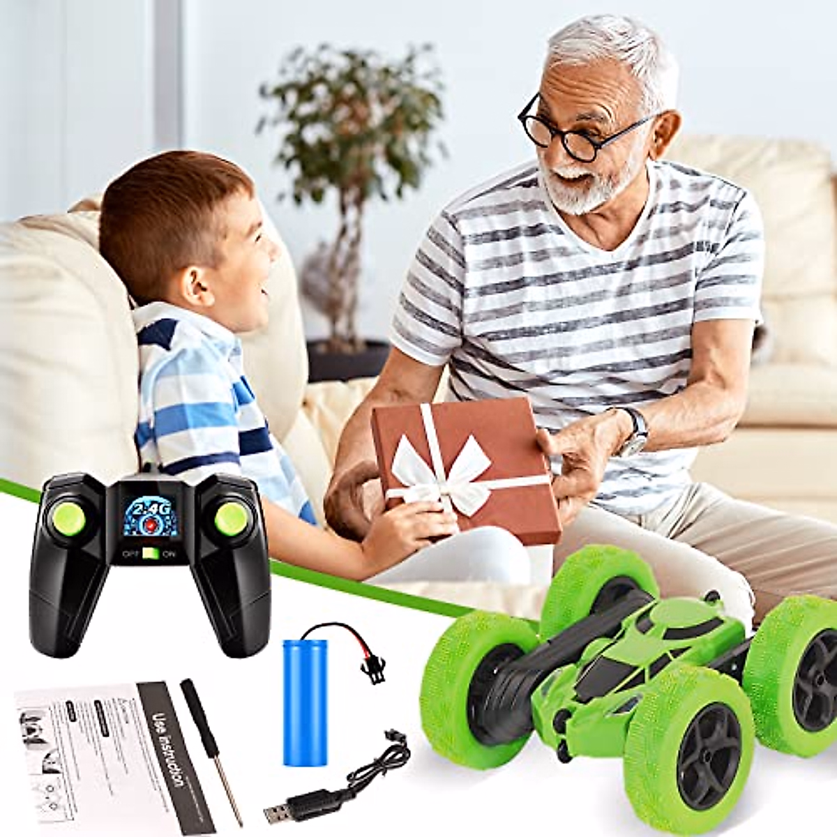 Remote Control Car Stunt RC Cars, 90 Min Playtime, 2.4Ghz Double Sided 360° Rotating RC Crawler with Headlights, 4WD Off Road Drift RC Race Car Toy for Boys and Girls Aged 6-12 Green