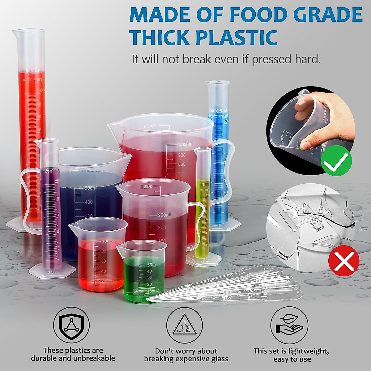 moveland Upgraded Plastic Graduated Cylinder and Plastic Beakers Set - Graduated Cylinder 10ml 25ml 50ml 100ml, Beakers 50ml 100ml 250ml 500ml 1000ml, 5 Pcs Pipettes, Ideal for DIY and Science Lab