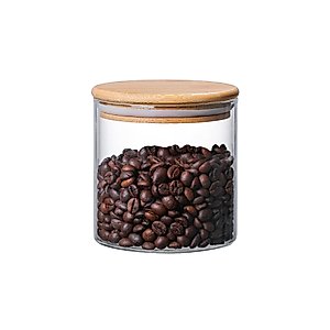 MOLFUJ 550 ML / 18 FL Oz Glass Storage Container with Wood Lid, Stackable Clear Decorative Organizer Bottle Canister Pantry Jar with Air Tight Wooden Lid for Food, Coffee, Candy, Sugar, Salt, Tea