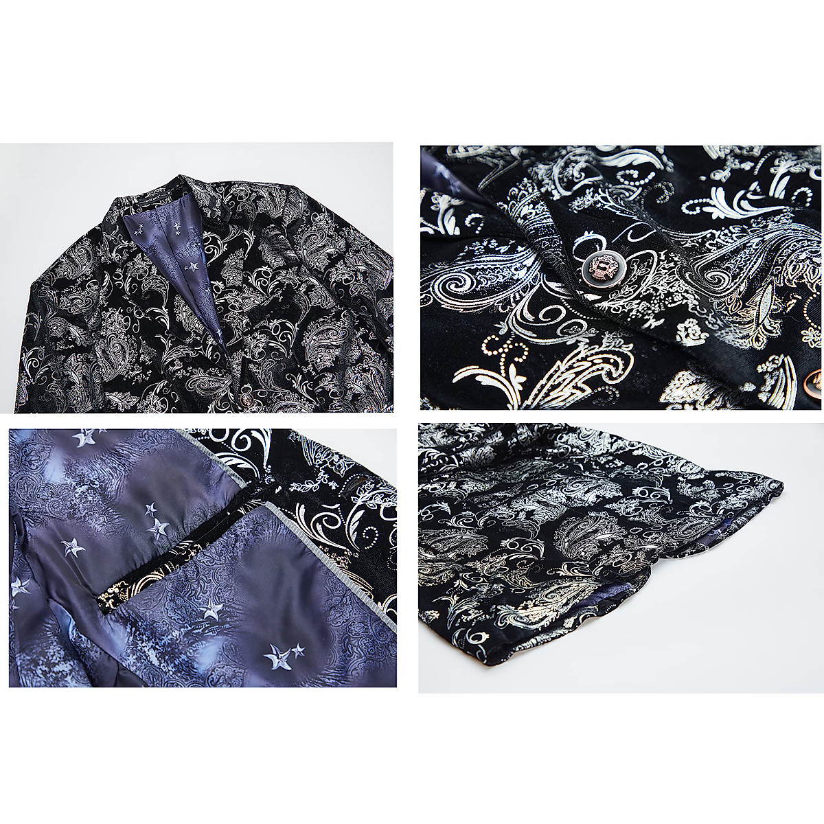 MAGE MALE Men's Dress Party Floral Suit Jacket Notched Lapel Slim Fit Two Button Stylish Blazer Black with Silver