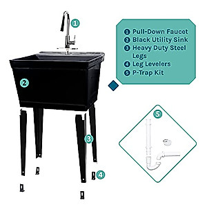 Laundry Sink Utility Tub With High Arc Metal Pull Down Faucet By JS Jackson Supplies Parent (Chrome Faucet, Black Tub)