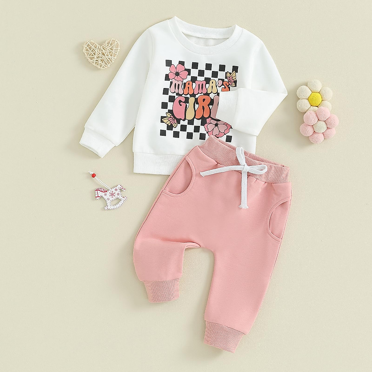 Socutebabe 2Pcs Set Infant Baby Girl Fall Clothes Mamas Girl Long Sleeve Crewneck Sweatshirt+Joggers Pants Winter Outfit Set (Mamas Girl-White,6-12 Months)