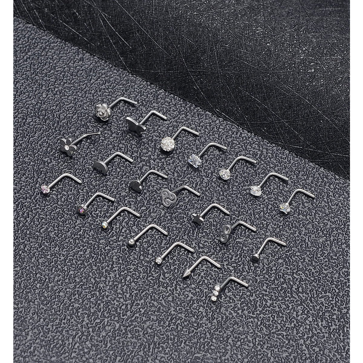 Akeoqi 29Pcs 20G Nose Ring Studs Nose Ring Hoops L Shape CZ Butterfly Snake Star Moon Shape Nose Piercing Jewelry for Women Silver Tone