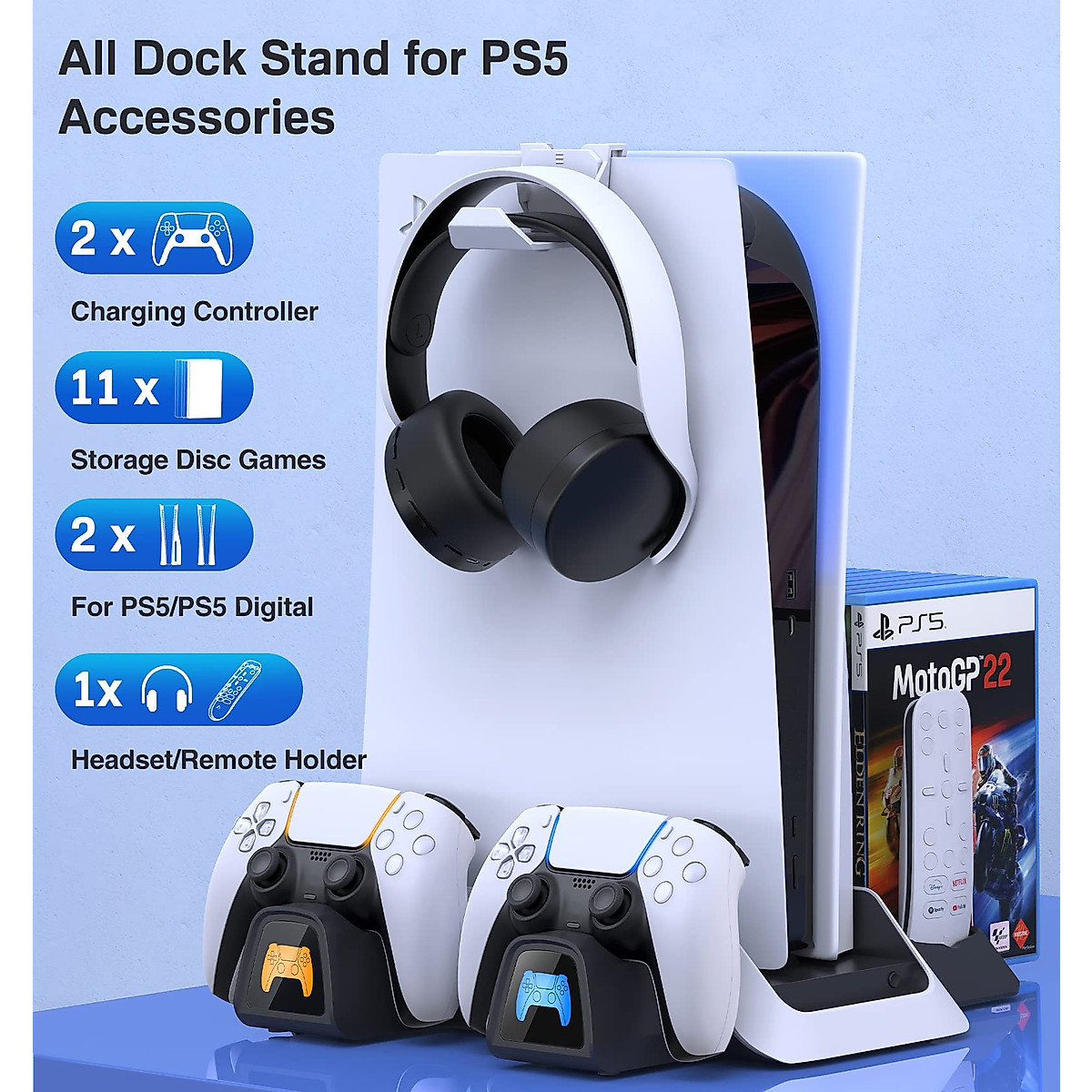 CYKOARMOR PS5 Stand with Cooling Station&Dual Controller Charger for PlayStation 5 PS5 Console(NOT Fit PS5 Slim), PS5 Accessories with 5V/3A Adapter, PS5 Base with Cooler Fan, Charging Dock