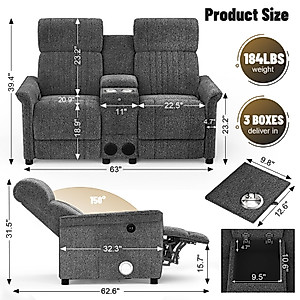 IROSTAE Loveseat Recliner Sofa with Console, RV Reclining Loveseat with Folding Side Table, Manual Love Seat Recliner Sofa with Bluetooth Speakers, Double Recliner Loveseat with USB Ports - Grey