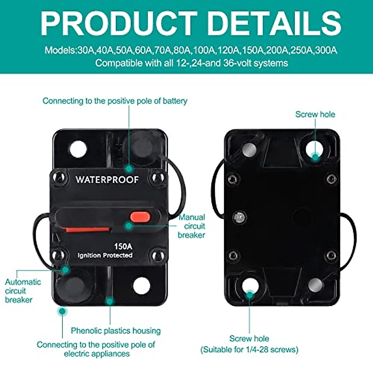 150 Amp Circuit Breaker,with Manual Reset,Waterproof, 12V-48V DC, 30-307A,for Car Marine Trolling Motors Boat ATV Manual Power Protect for Audio System Fuse (JTST0009)