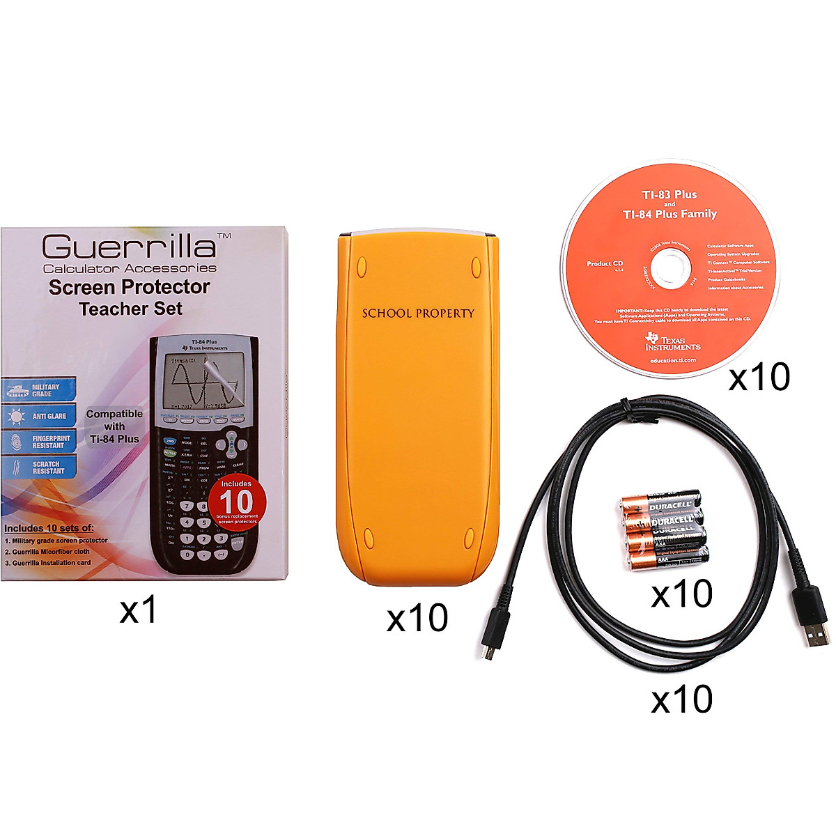 TI-84 Plus Graphing Calculator Teacher Set Pack (10 Calculators) + Guerrilla Teacher Set of Screen Protectors (Renewed)