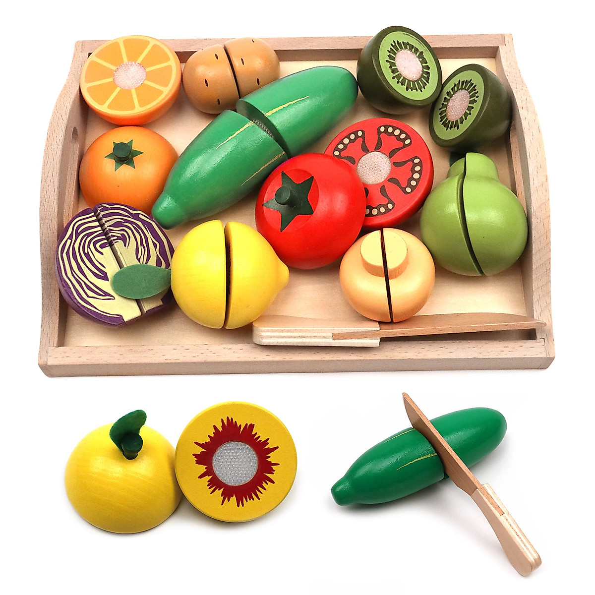 Wooden Cutting Fruit Vegetables Set for Kids - Pretend Play Food Toy Set with Wooden Knife and Tray Learning Toys for Toddlers (Fruit-E)