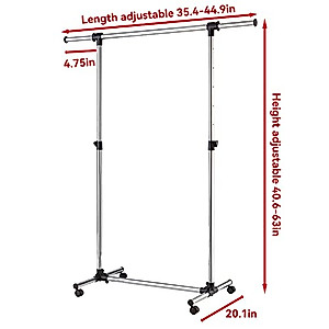 LiaMeE Freestanding Rolling Adjustable Clothes Rack for Wardrobe with Single Bar, Laundry Room Organization Shelves, Vertical Hanging Rack for Commercial Displaying, L44.9 x W20.1 x H63 in