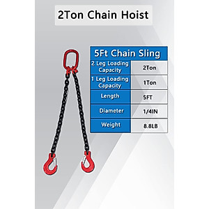 Chain Sling 2/5Inch X 5 Ft 4410lb Double Leg with Sling Hooks Chain Slings Adjusters Grade 80Alloy Steel Engine Chain Hoist Lifts【2 Ton】