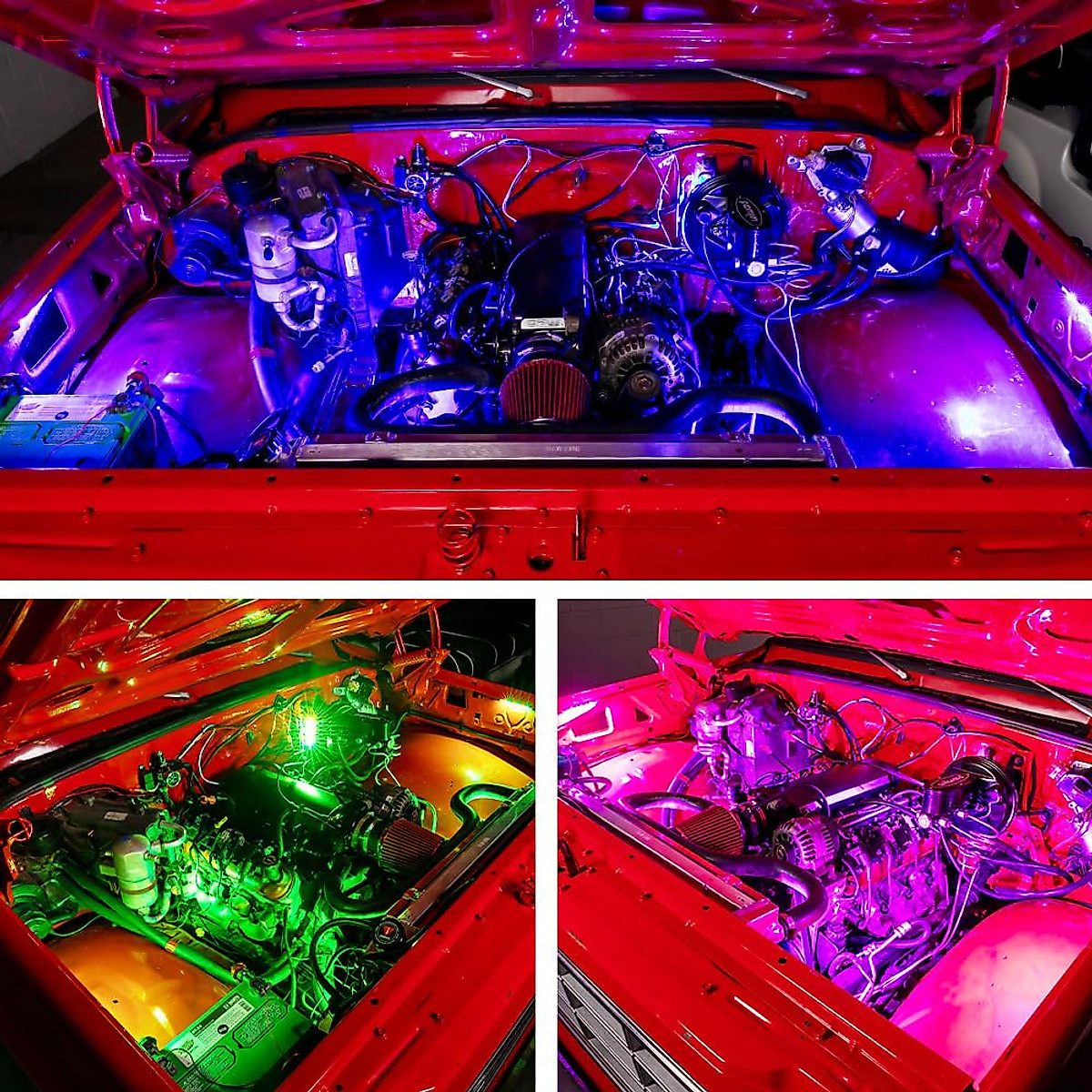 LEDGlow 6pc Million Color LED Engine Bay Under Hood Lighting Kit - 15 Solid Colors - 9 Patterns - 6" Multi-Color Flexible Tubes - Includes Control Box & Wireless Remote
