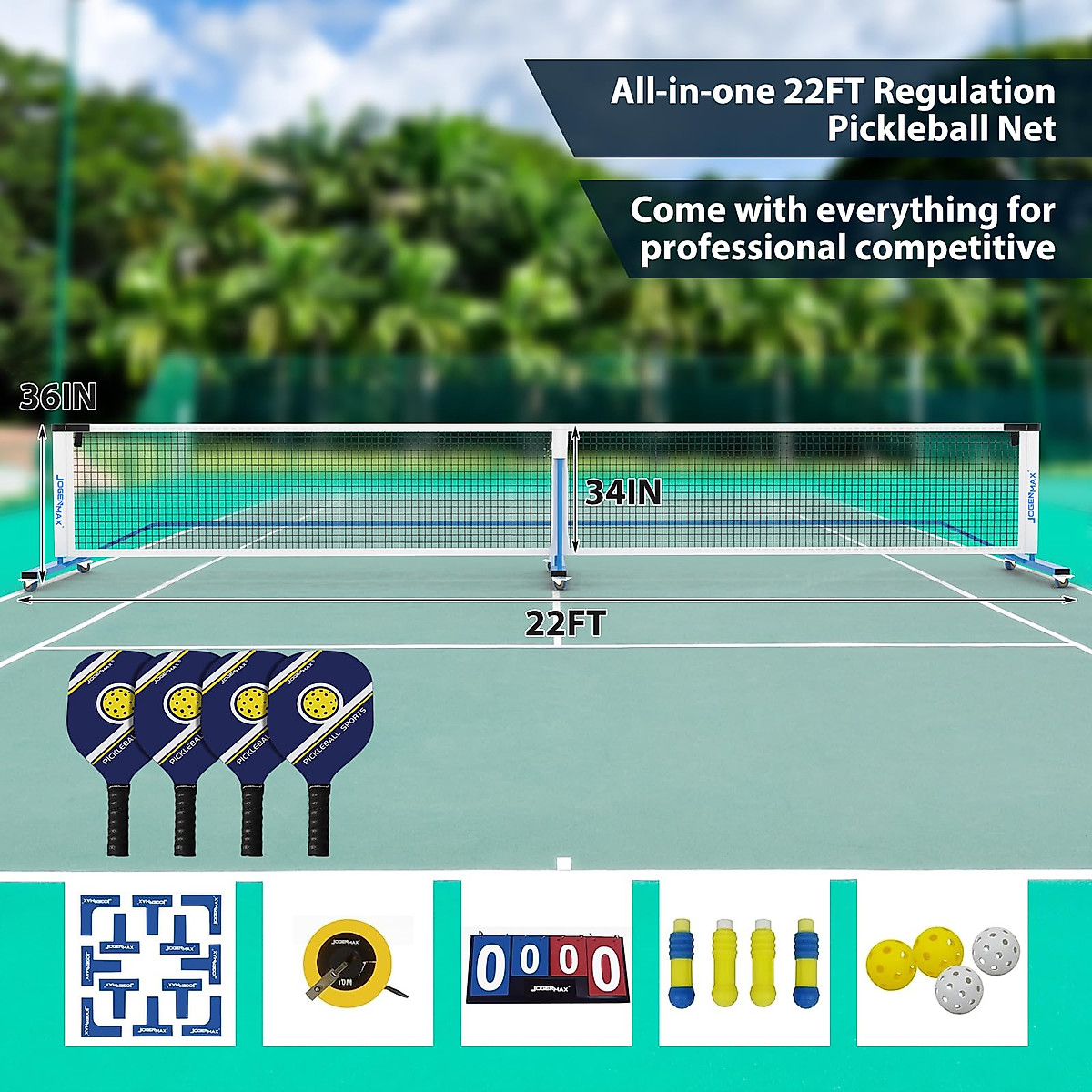 JOGENMAX Portable Pickleball Net System with Lockable Wheels, Metal Frame Pickleball Court with LED Light, Regulation Size Net with Durable Carrying Bag, and 4 Pickleball Rackets.