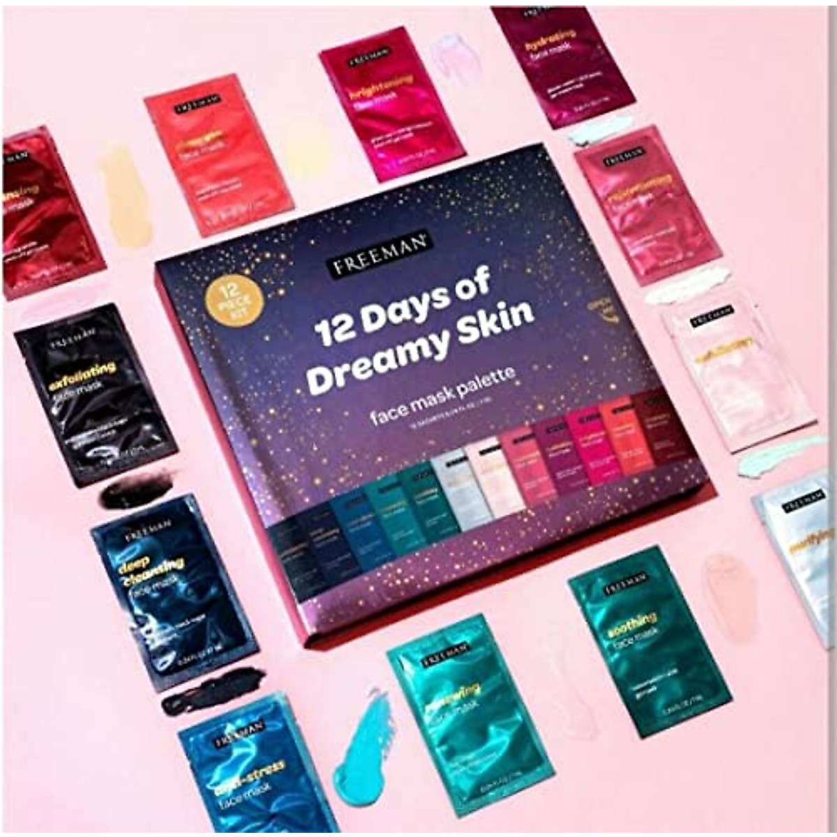 Freeman Beauty's Holiday Face Mask Gift Set, 12 Days of Dreamy Skin Face Mask Palette for Skin Care, Oil Absorbing Clay, Detoxifying Charcoal, Clearing Peel Off, Hydrating Gel Cream, Exfoliating Scrub