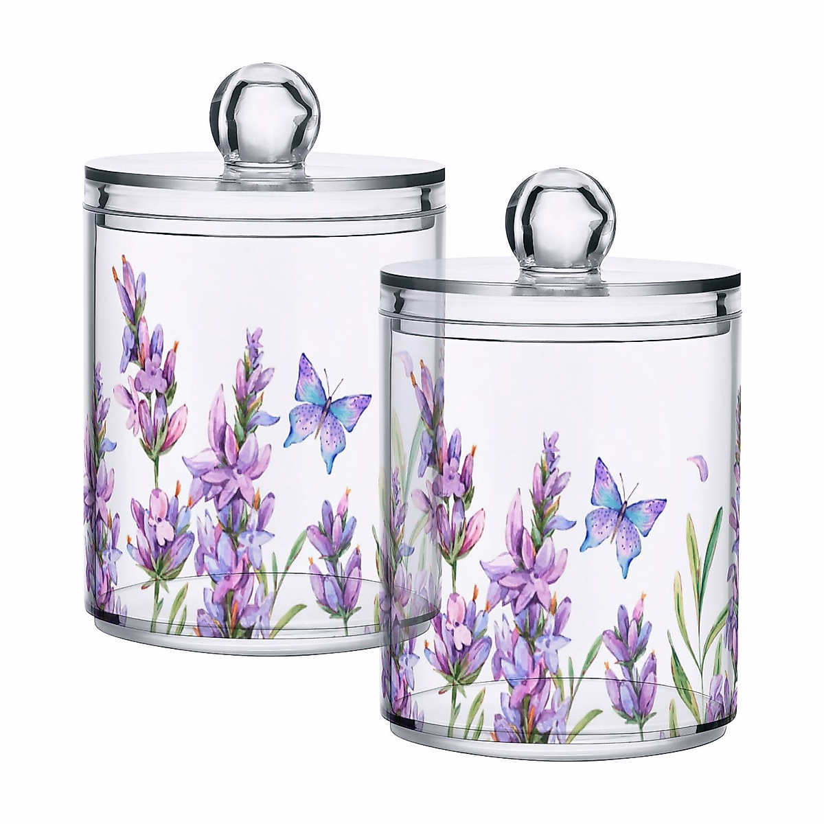 ALAZA Purple Toothbrush Holder 2 Pack Qtip Holder Dispenser for Cotton Ball Lavender Flower Purple Cotton Swab Round Pads Clear Plastic Acrylic Jar Set Bathroom Canister