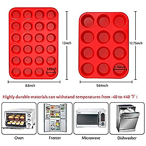 Muffin Pans Nonstick 12 Large and 24 Mini Cups Silicone with Cupcake Liners Brush Spatula Set Reusable Baking Molds for Toaster Oven (Red-12 Cups+24 Cups)