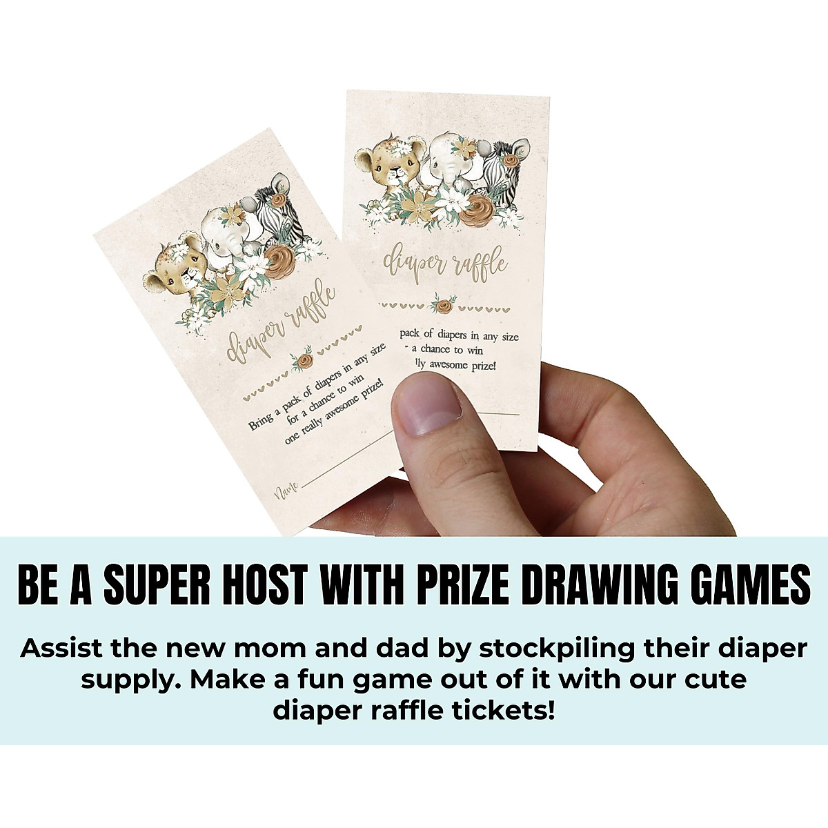 Paper Clever Party Flora Safari Diaper Raffle Tickets for Baby Shower Games, Invitation Insert Cards, 50 Pack