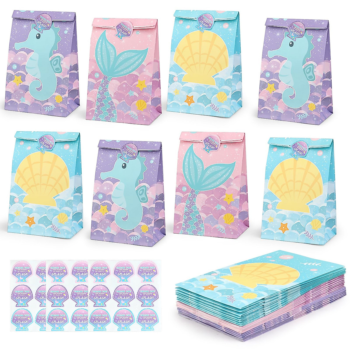 HEJIN 30PCS Mermaid Party Favor Bags with Stickers, Mermaid Birthday Decorations - Great for Girls Kids Under the Sea Party Favors, Birthday Party, Baby Shower, Easter, Wedding, Halloween