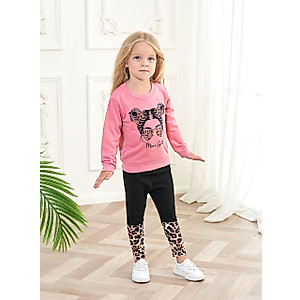 KIDLAGA Toddler Girl Clothes Figure Graphic Drop Shoulder Top Pullover Leopard Print Pants Fall Winter Outfit Set(5-6T)