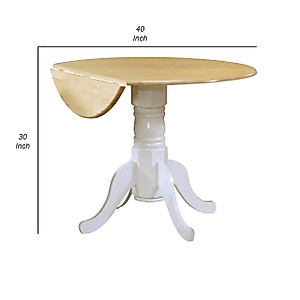 Benjara Giva 40 Inch Round Drop Leaf Dining Table, Top, Pedestal Base, Brown, White