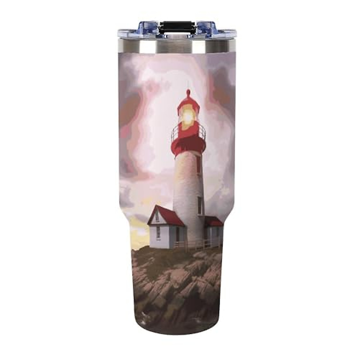 LLUTSNTH 40 Oz Vacuum Tumbler with Deep Blue Handle Leakproof Insulated Tumbler Lighthouse Stainless Steel Travel Mug with Lid And Straw Coffee Cup Cute Water Bottles Cup Holder Friendly