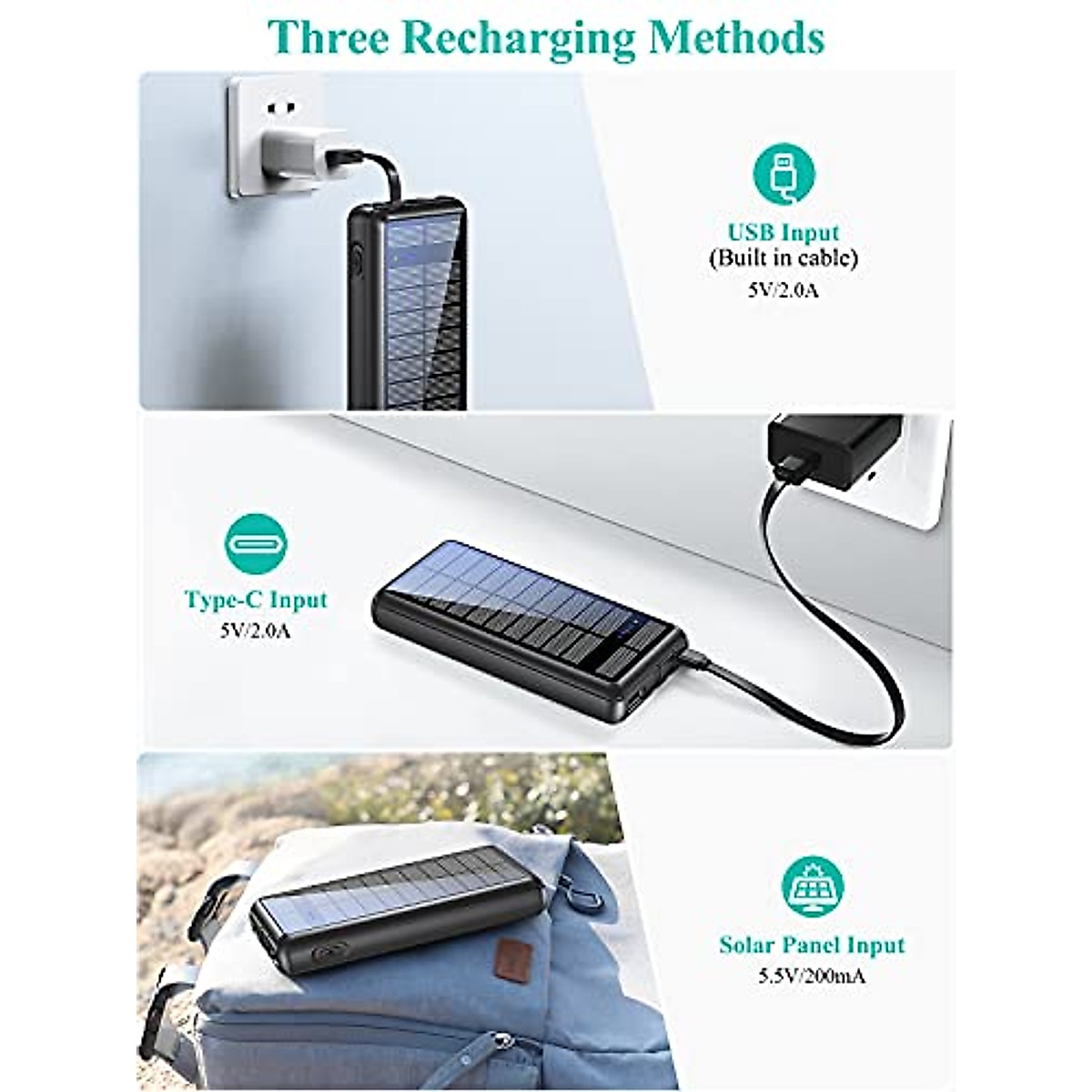 Portable Charger 36800mAh, LENGSUM Power Bank Solar Charger with 2 Output Ports, Built-in 2 Durable Cables, External Battery Pack for Cellphone and Tablet