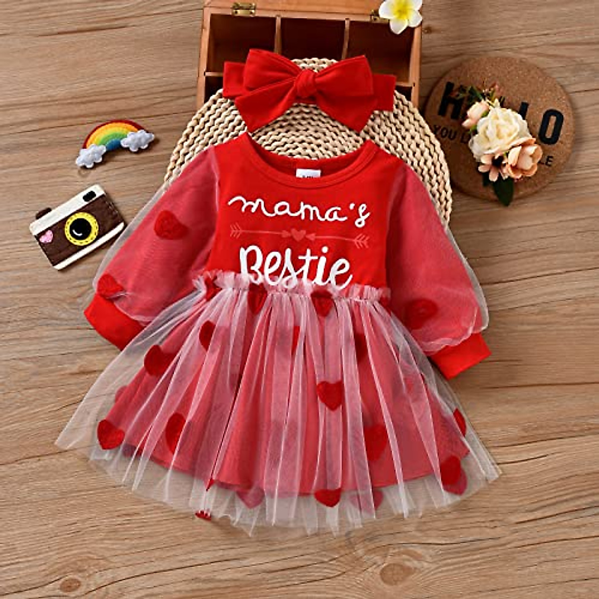 Toddler Baby Girl Valentine's Day Outfits Love Heart Print Princess Long Sleeve Ruffles Skirt Tutu Dress