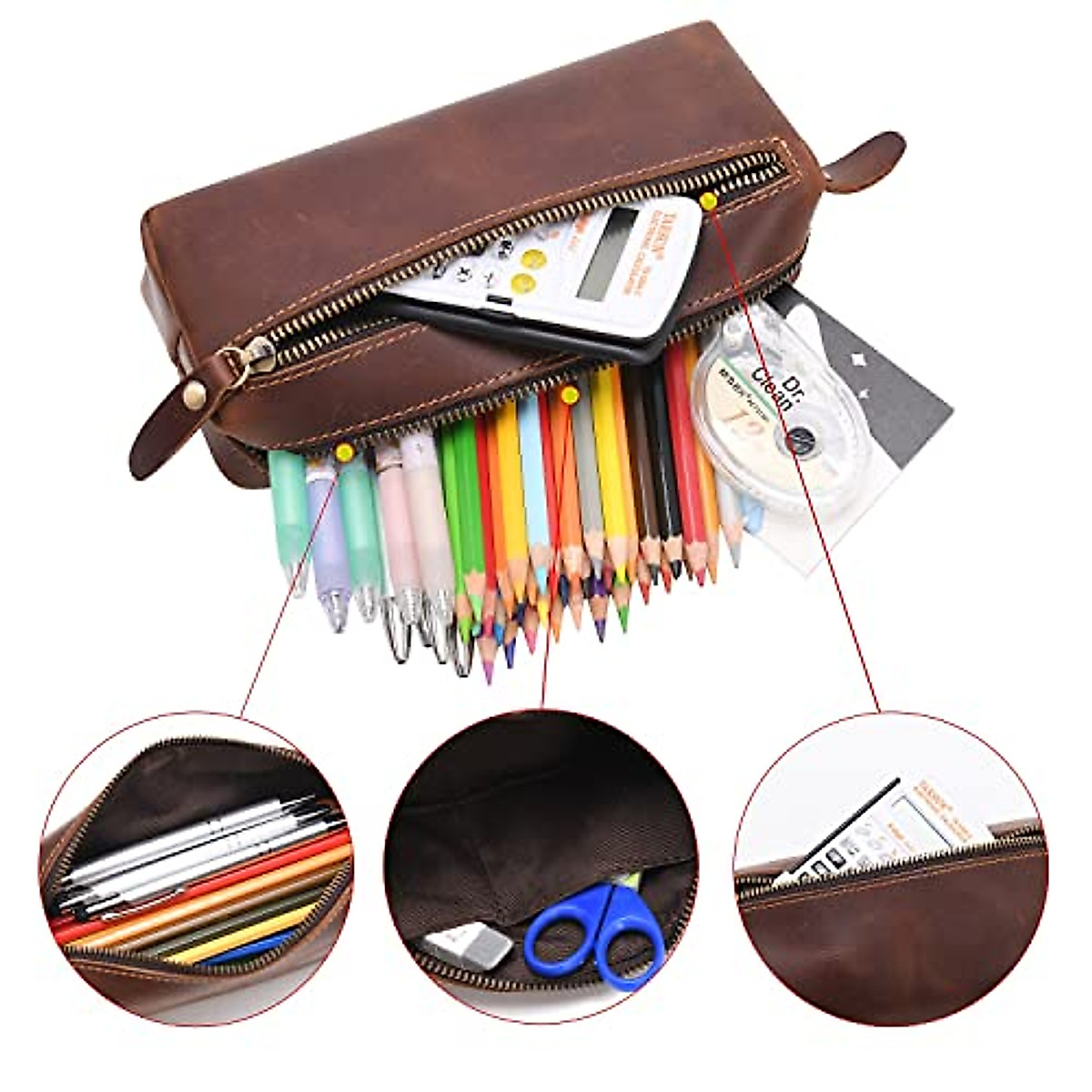WONDERPOOL Pen Case Real Leather Pencil Pouch Markers Holder Big Capacity Bag with Side Zippered Pocket Sleeve for Stationery Makeup Utensils Organizer (Coffee)