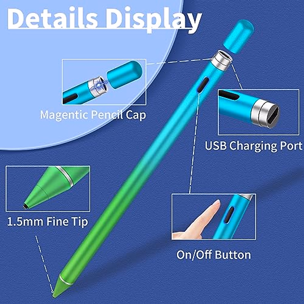 Stylus Pens for Touch Screens, Universal Fine Point iPad Pencil with Magnetic Cap for iPad, iPhone, Android, Tablet and Other Capacitive Touch Screen, Stylus Pen for iPad in Writing (Blue Green)