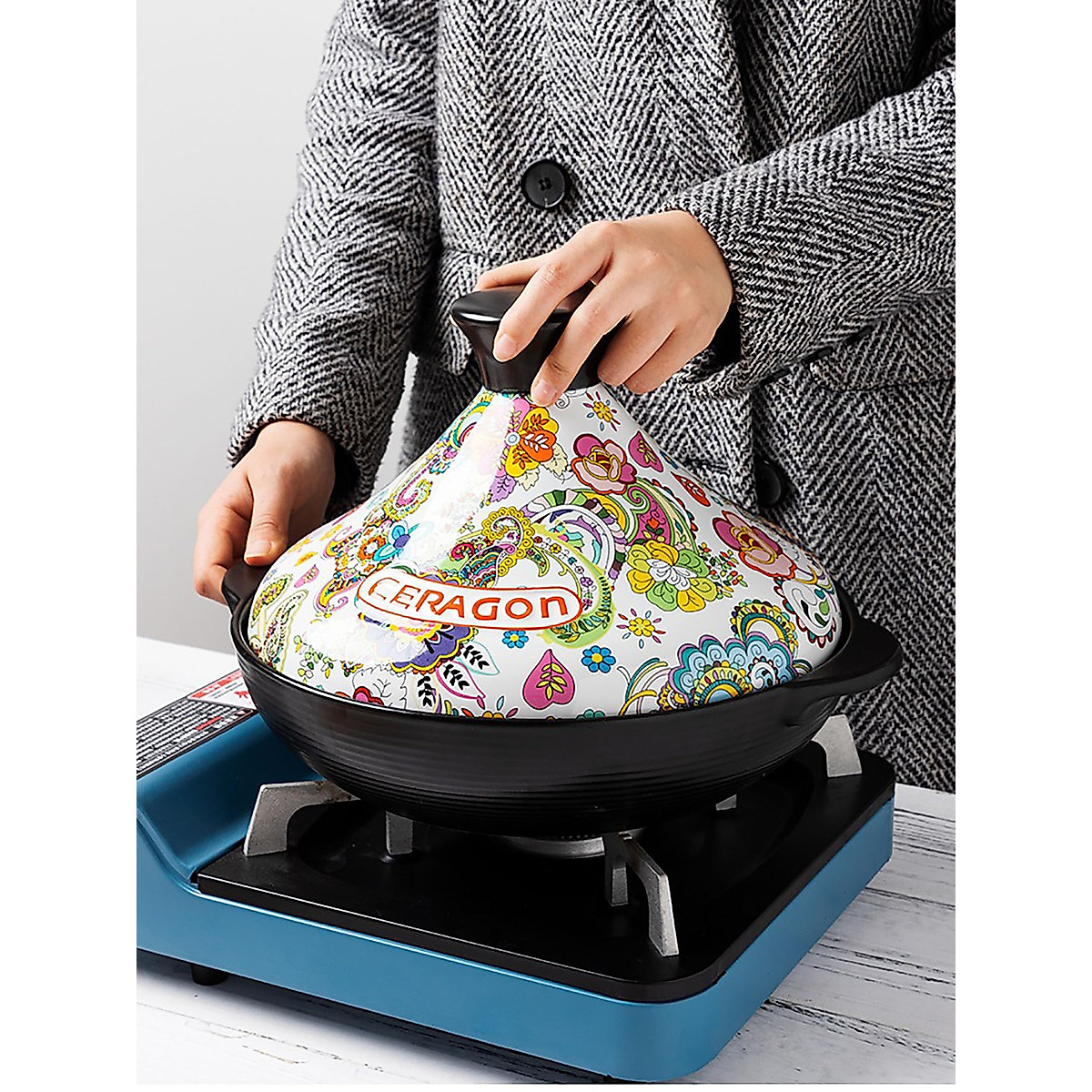 Handmade Clay Stoneware Tajine Flower Pattern Moroccan Tagine Pot Enameled Cast Iron Casserole Non Stick Saucepan Exotic Stew Pot with Lid for Cooking and Stew Casserole Slow Cooker