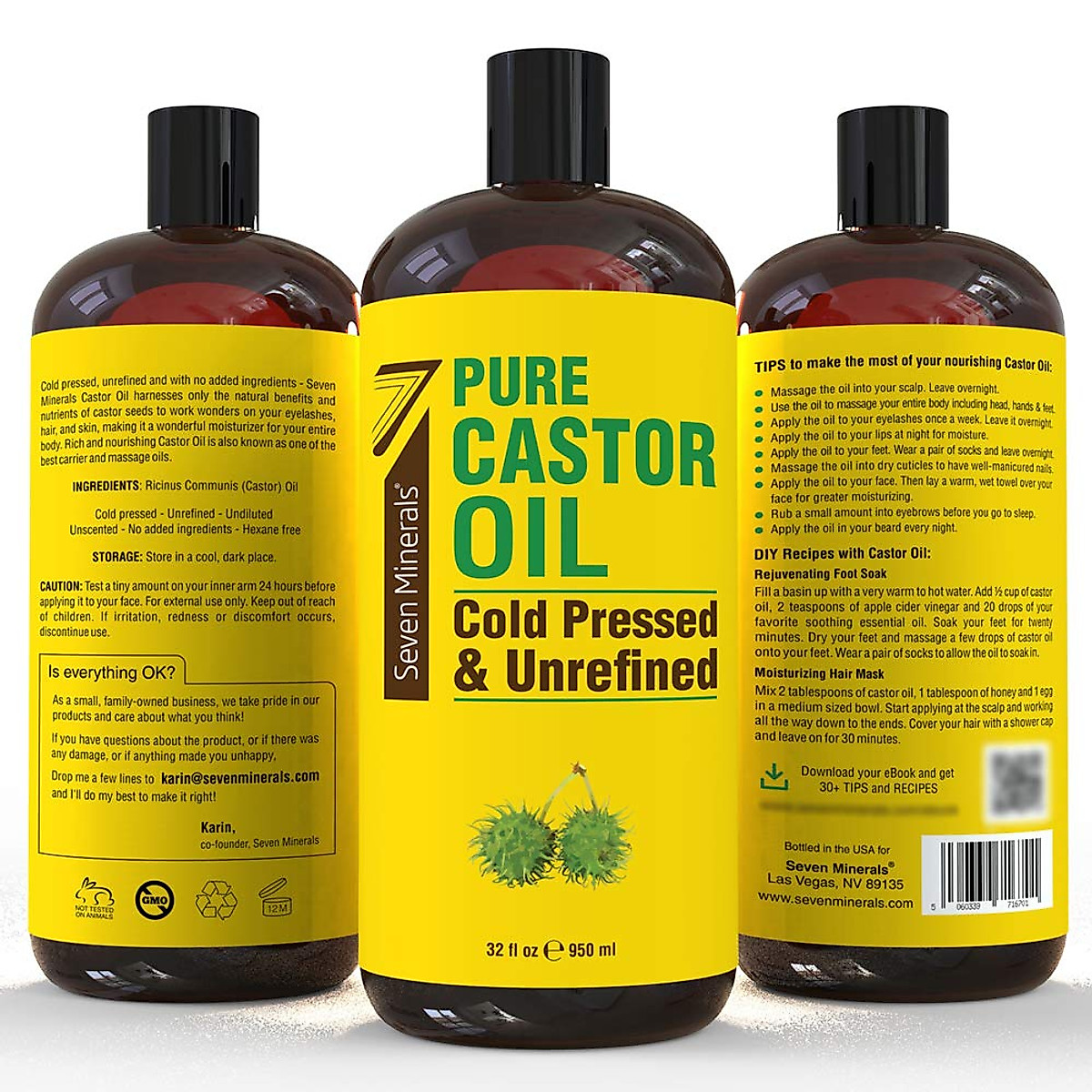 Pure Cold Pressed Castor Oil - Big 32 fl oz Bottle - Unrefined & Hexane Free - 100% Pure Castor Oil for Hair Growth, Thicker Eyelashes & Eyebrows, Dry Skin, Healing, Hair Care, Joint and Muscle Pain