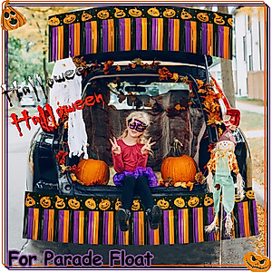 Halloween Parade Floats Foil Fringe, Each 10 ft x 15'' Orange Purple Black Pumpkin Tinsel Streamers Garland Banner Table Skirts for Halloween Trailer Car Graduation Homecoming Party (4 Pack)