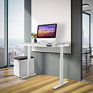 Seville Classics Airlift Electric Height Adjustable Desk with Tempered Glass Top, USB Charging Ergonomic Sit Stand Modern Home Office Workstation, 47.5" x 24" Pull Out Drawer, Artic White