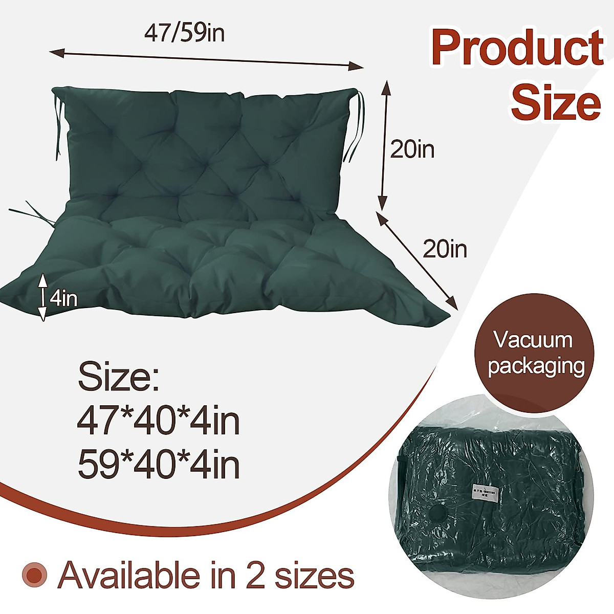 MiokyStaner Porch Swing Cushions with Backrest, 2-3 Seater Waterproof Bench Pad Cushions, Thicken 4" Outdoor Swing Cushions, for Outdoor Patio Garden Furniture (47x40in, Dark green)