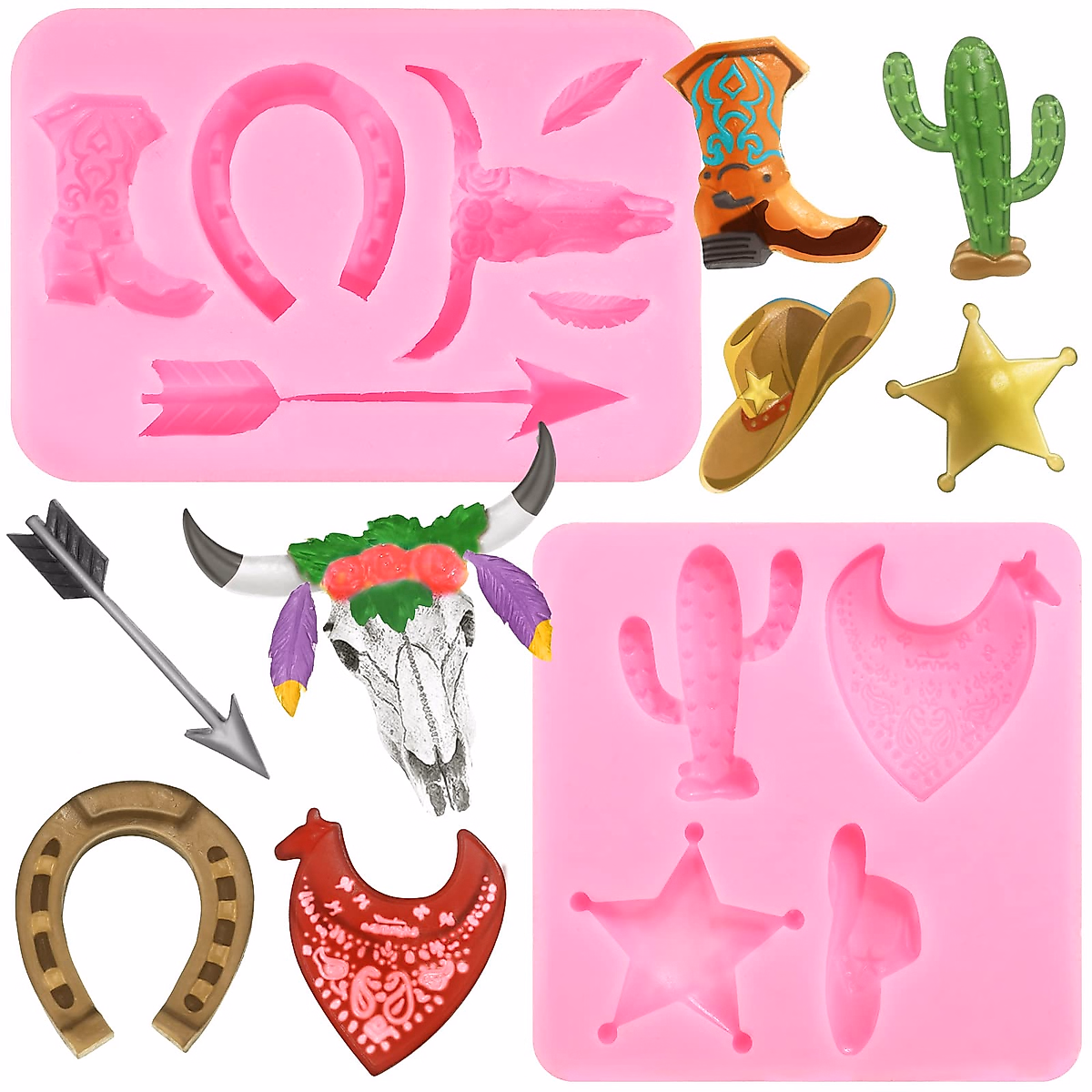 Set of 8 Bull Head Silicone Molds Feather Arrow Boot Horseshoe Hoof Fondant Mold Chocolate Shoe Mold Fondant and Gum Paste Molds Cupcake Cake Topper Decoration for Baking DIY Crafts (Cute Style)