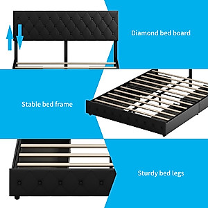 Mjkone King Bed Frame with 4 Storage Drawers, PU Leather King Size Upholstered Platform Bed Frame with Adjustable Headboard, No Box Spring Needed/Easy Assembly/No Mattress (King, Black)