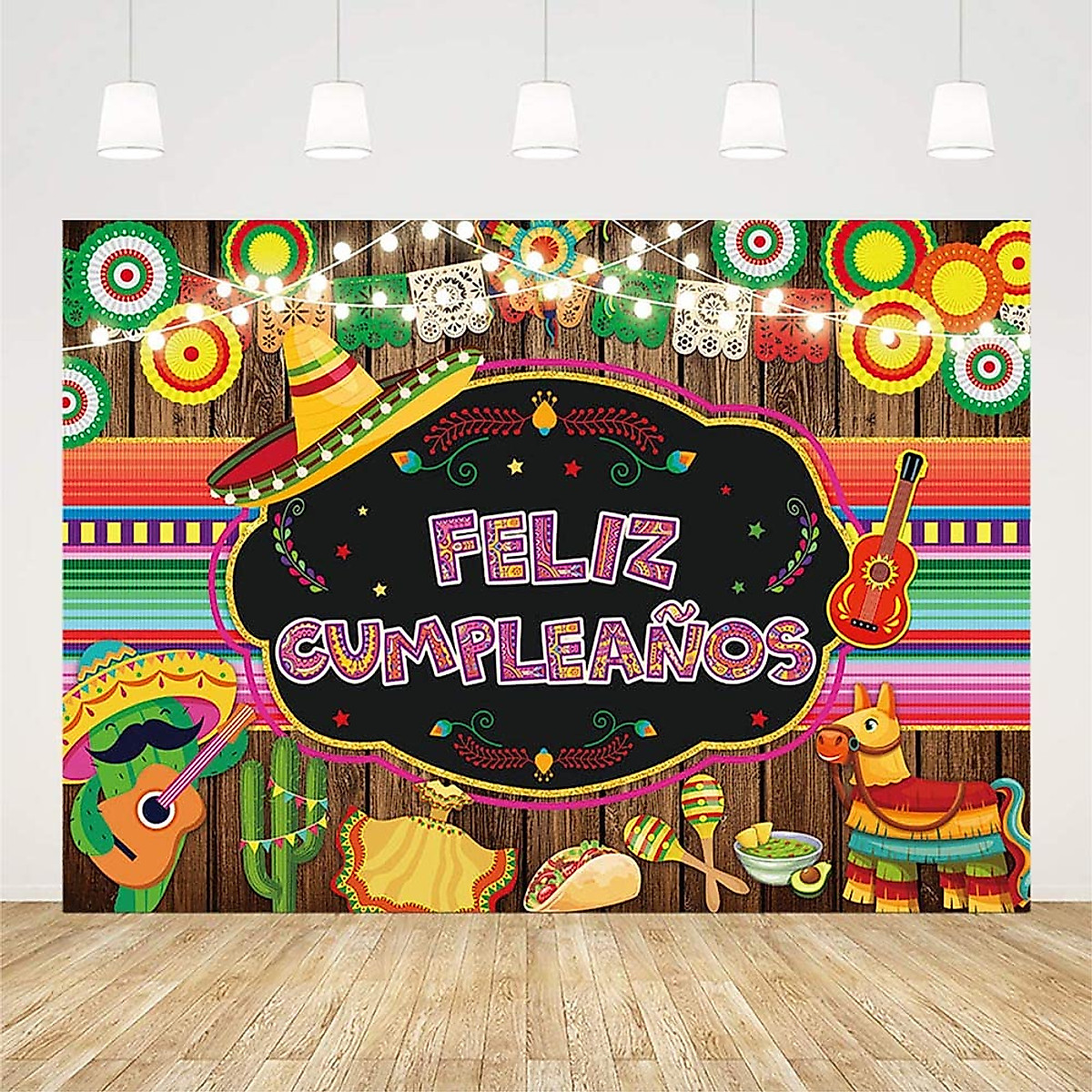 AIBIIN 7x5ft Feliz Cumpleaños Backdrop Mexican Fiesta Happy Birthday Party Decorations Cinco De Mayo Taco Retro Wood Photography Background Festival Colorful Flags Flowers Banner Photo Shoot Props