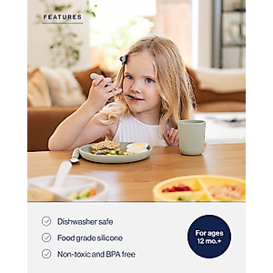 Lalo Big Bites Kids Dinnerware Full Set - Dishwasher Safe, BPA Free, Kids Tableware Set - Includes Stackable Bowl, Plate, Utensils & Cup - 7 Pieces - Sage