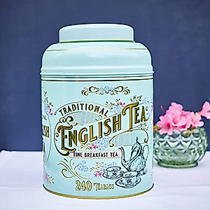New English Teas Vintage Victorian Tea Tin with 240 English Breakfast Teabags for Tea Lovers, Forget Me Not Florals & Classic Tea Set Design