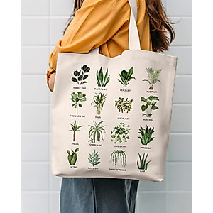 AUSVKAI Canvas Tote Bag Aesthetic for Women, Cute Trendy Green Plants Reusable Cotton Bags with Handle for Grocery College Shopping Beach