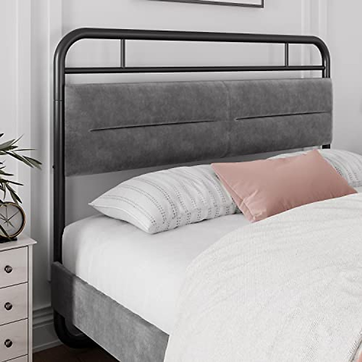Yaheetech Queen Size Bed Frame, Heavy Duty Metal Platform Bed with Curved Upholstered Headboard, 8.7 Inch Under-Bed Storage/Steel Slat Support/Noise Free/No Box Spring Needed/Easy Assembly/Dark Grey