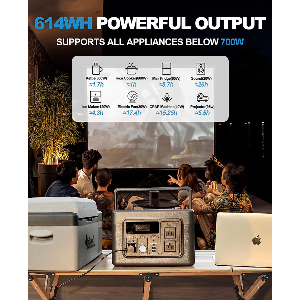 Powdeom 700W Portable Power Station with AC Outlet, 614Wh LiFePO4 Battery Backup Power Supply, 500W AC Input Recharge 0-80% Within 1 Hour for Camping, Outdoors, Off-grid Life