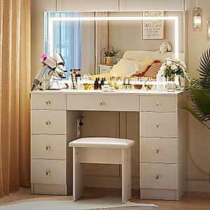 VOWNER Vanity with Lighted Mirror - Makeup Vanity Desk with Power Outlet and 9 Drawers, 3 Color Lighting Modes Adjustable Brightness, 43" Vanity Table with Soft Cushioned Stool for Bedroom, White