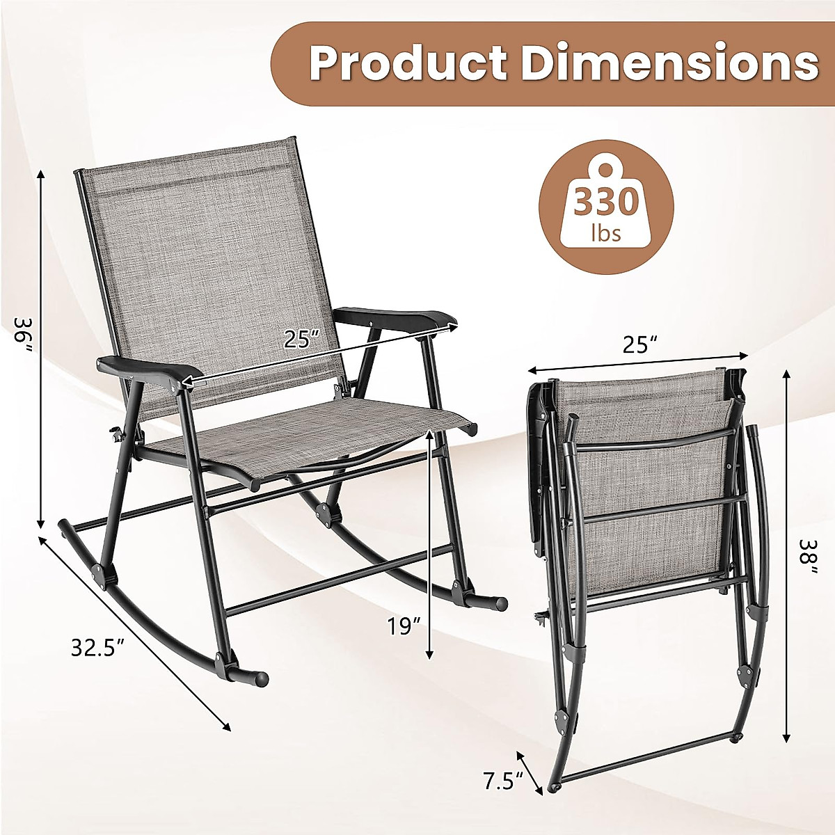 Tangkula Folding Rocking Chair Set of 2, Patio Rockers with Breathable Seat Fabric & Sturdy Metal Frame, Smooth Rocking Motion, Heavy-Duty Outdoor Rocker for Backyard, Front Porch, Poolside