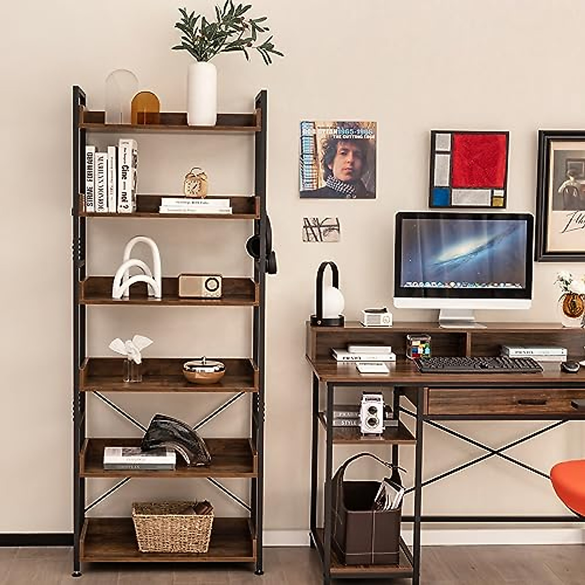 Tangkula 6-Tier Bookshelf, 70” Tall Industrial Bookcase w/Open Shelves & 4 Hooks, Storage Rack w/Metal Frame, Vintage Standing Display Rack for Study Living Room Kitchen (Rustic Brown, 6-Tier)