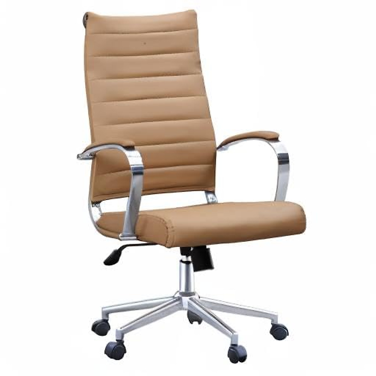 2xhome Contemporary Mid Century Modern High Back Tall Ribbed PU Leather Swivel Tilt Adjustable Chair with Back Swivel Wheels Designer Boss Executive Office Conference Room Work Task Tall Desk Tan