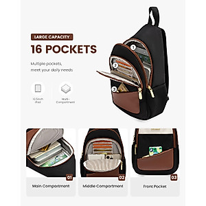 LOVEVOOK Sling Bag for Women, Sling Backpack Crossbody Bag Convertible, Small Diaper Bag Hiking Daypacks Water-resistant, Travel Shoulder Bag Chest Bag, Black Brown Beige